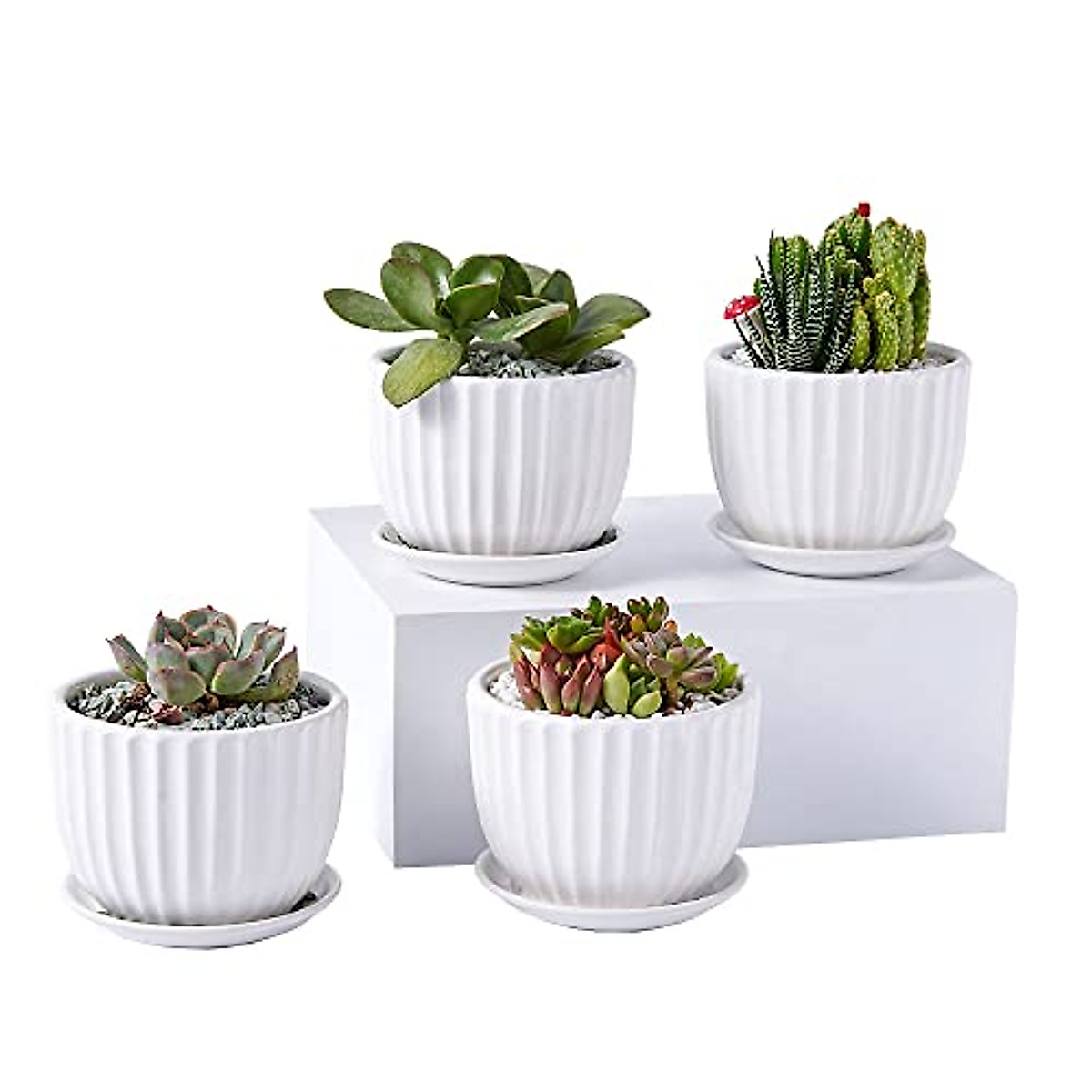 HXYPN Succulent Pot Round Stripe White Ceramic Pots 4 inch Plant Pots Small Flower Planter Pot, Pack of 4 - Plants Not Included