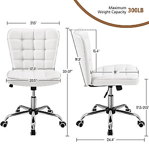 Yaheetech Armless Desk Chair Modern Tufted Office Chair Faux Leather Upholstered Computer Chair with Adjustable Seat Height and Rolling Wheels for Home/Office, White