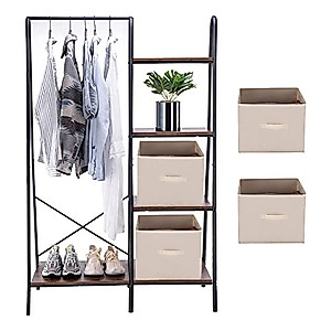 YOUDENOVA Clothing Rack with Bottom Shelve, Industrial Garment Rack with 3 Mesh Shelves, Freestanding Closet Heavy Duty with 2 Fabric Storage Boxes