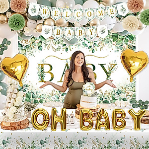 Sage Green Baby Shower Decoration for Girl Boy 99Pcs, Boho Greency Neutral Party Supplies with Oh Baby Backdrop Tablecloth Balloon Garland Kit for Woodland Safari Gender Reveal Party Decor