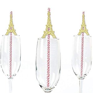 Gold Glitter Eiffel Tower Party Straws - No-Mess Real Gold Glitter Cut-Outs and Decorative Paris Themed Baby Shower or Birthday Party Paper Straws - Set of 24
