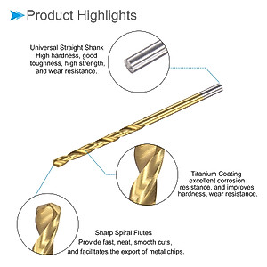 CoCud Twist Drill Bits, 2.8mm Drilling Diameter, Titanium Coated High Speed Steel 6542 Straight Round Shank - (Applications: for Stainless Steel Alloy Metal), 12-Pieces
