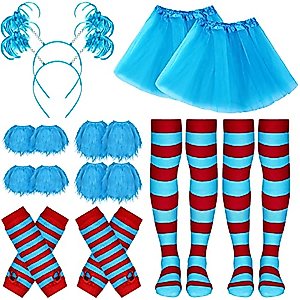 Leyndo 12 Pcs Tutu Women Costume Sets for 2 Girls School Classroom Reading Activities Costume Skirt Arm Socks Gloves Headband(Blue)