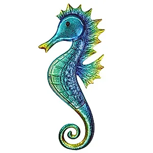 JOYBee 18inch Metal Large Seahorse Wall Art Decor,Christmas Decorations,Bathroom Ocean Glass Art Outdoor Hanging Beach Theme Decorations Blue Sea Life Sculpture For Outdoor Indoor Kitchen Garden Patio,Porch or Fence