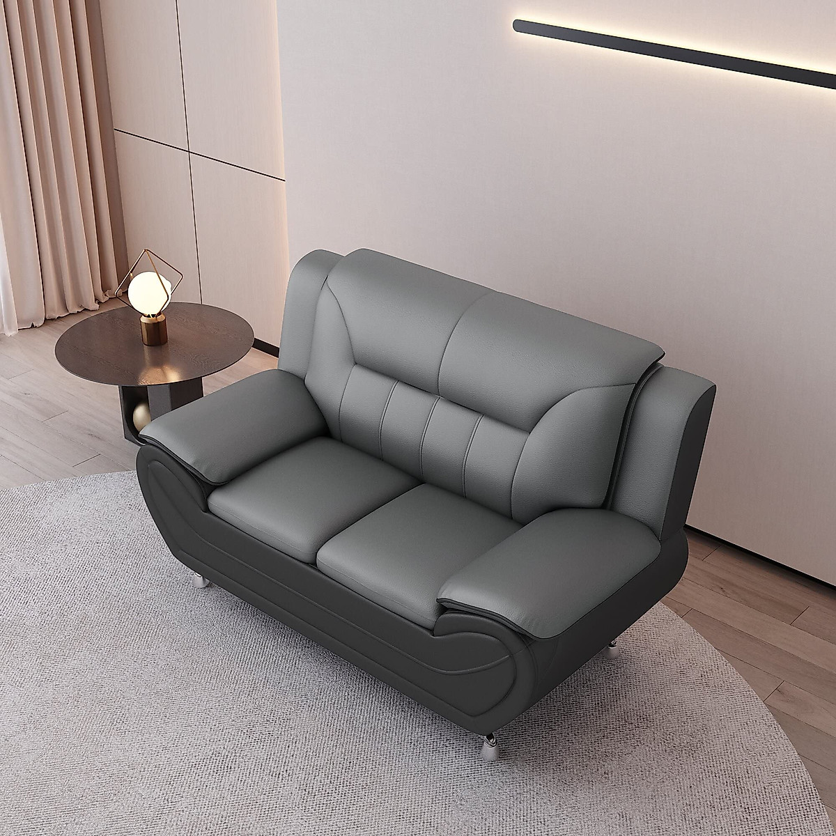 Container Furniture Direct Modern Style Faux Leather Loveseat with Extra Comfortable Pillow Top Armrests Ideal for Living Room, Bedroom or Home Office Couch, 61.3’’ Wide, Grey/Black