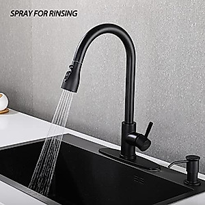 Keonjinn Black Kitchen Faucet with Pull Down Sprayer, Stainless Steel Kitchen Sink Faucet Single Handle Pull Down Kitchen Faucets, High Arc Single Hole Matte Black Kitchen Faucets with Deck Plate