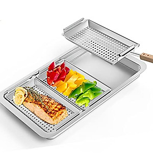 3 In 1 Vegetable Grill Baskets Set, Outdoor Stainless Steel Grilling Basket for Fish, Veggies & Meats, Fit for Traeger Pellets, Pit Boss, Weber Kettle, Kamado Joe Charcoal Grills, Dishwasher Safe