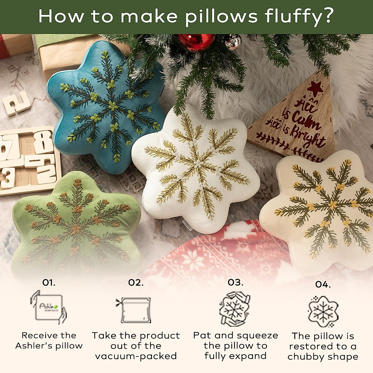 Ashler Snowflake Pillows, Snowflake Throw Pillow, Off White Pillows, 15x15 in Velvet Cushion for Sofa, Bedroom, Living Room Decor