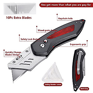 JTIEO Folding Utility Knife Sharp Box Cutters Heavy Duty Razor Knife for Cartons, Cardboard and Boxes Utility Knife- With 10 Pcs SK5 Stainless Steel Blades (Black)