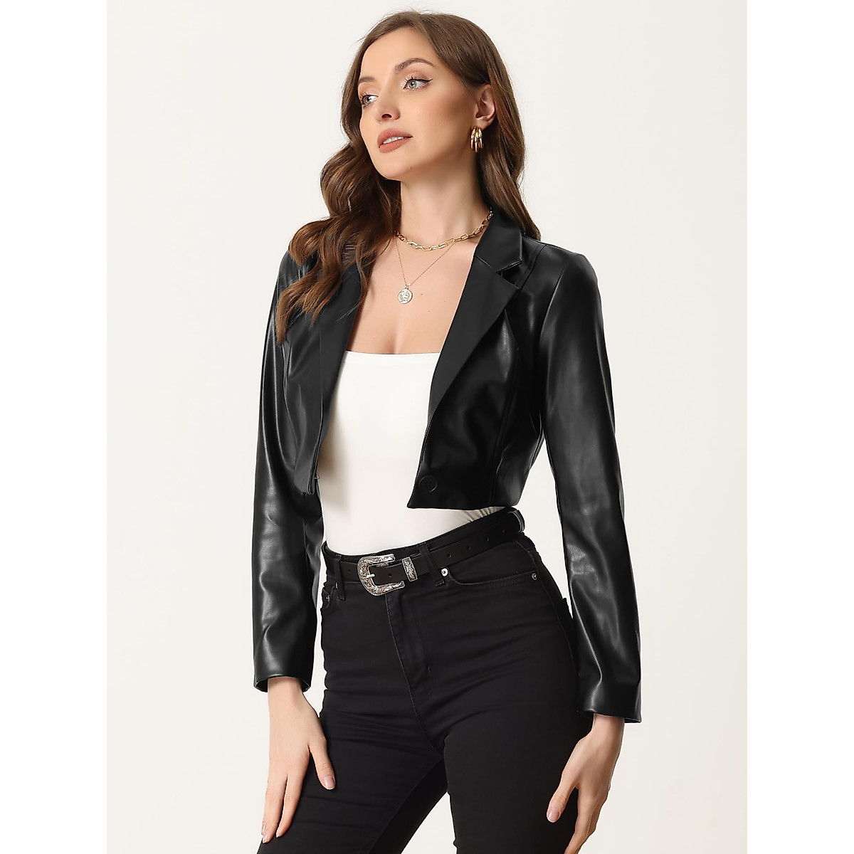 Allegra K Cropped Leather Jacket for Women's PU Casual Moto Jackets X-Large Black