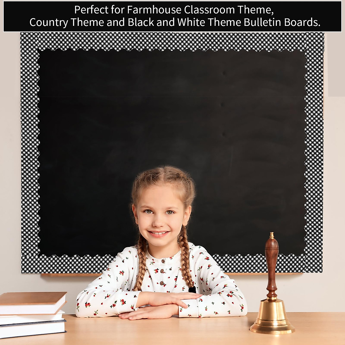 72 Feet Black and White Gingham Bulletin Board Borders Buffalo Plaid Scalloped Borders Trims Black and White Classroom Border Strips for Bulletin Board, Back to School, Christmas, Classroom Decoration