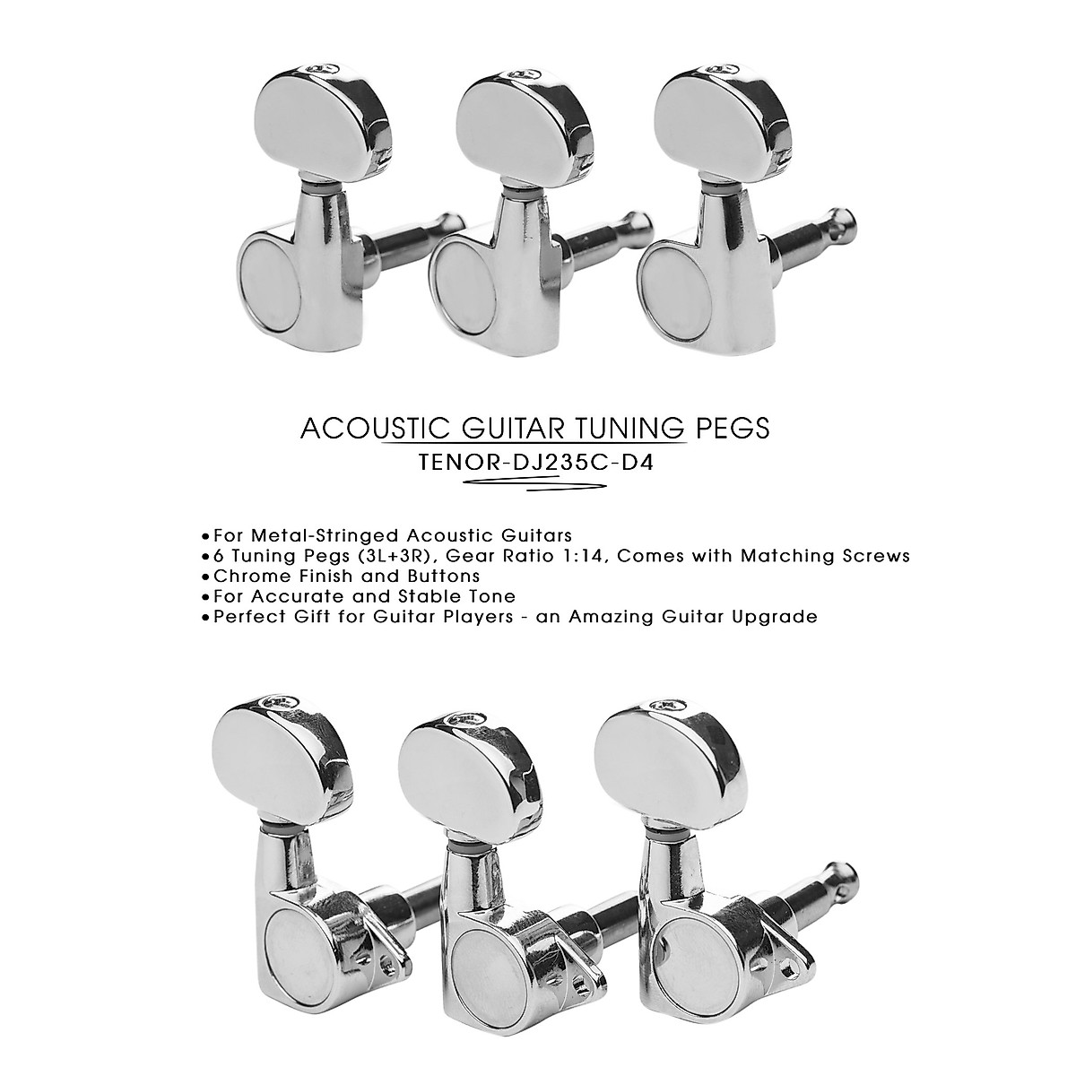 DJ235C-D4 TENOR Acoustic Guitar Tuners, Tuning Key Pegs/Machine Heads for Acoustic Guitar with Chrome Plated Finish and Chrome Plated Buttons.