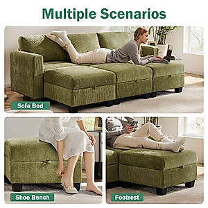 ABCASA Sofa Ottoman with Storage,Ottoman Module for Modular Sectional Sofa Couch, Storage Ottoman Footrest and Seat Cube, Green