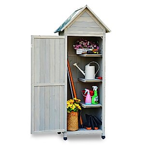 FTCBNet Outdoor Storage Shed Wooden Garden Tool Storage Cabinet with 3 Removabl Shelves and Galvanized Sheet Waterproof Roof for Yard,Patio,Deck and Porch (Gray)