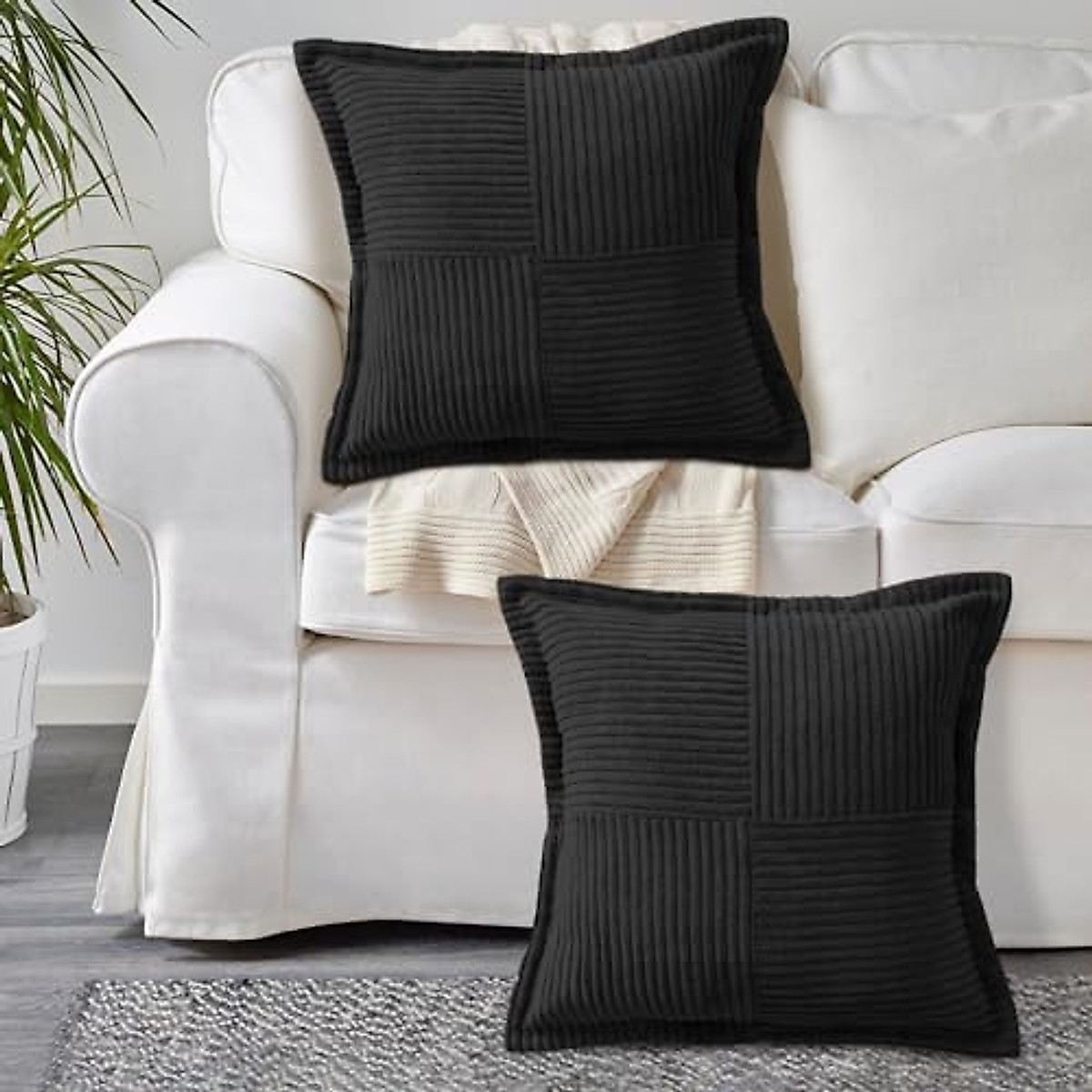 PENUFILO Black Corduroy Pillow Covers 18X18 Set of 2, Fall Soft Solid Striped Throw Pillow Covers for Living Room Couch Bed Sofa Home Decor Patchwork Textured Square Decorative Cushion Case