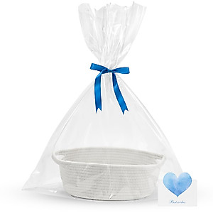 POIVOCF Small White Woven Basket 12"x 8"x 5" - Empty Gift Basket with Bags, Ribbons & Greeting Card