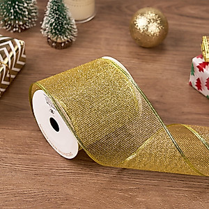 PAPER FAIR 1 Roll 4 Inch Wide 10 Yd Gold Glitter Wired Ribbon, Metallic Gold Mesh Wired Edge Ribbon for Christmas Tree Décor, Gift Wrapping Box, Bows, Wreath, Garland, DIY Craft