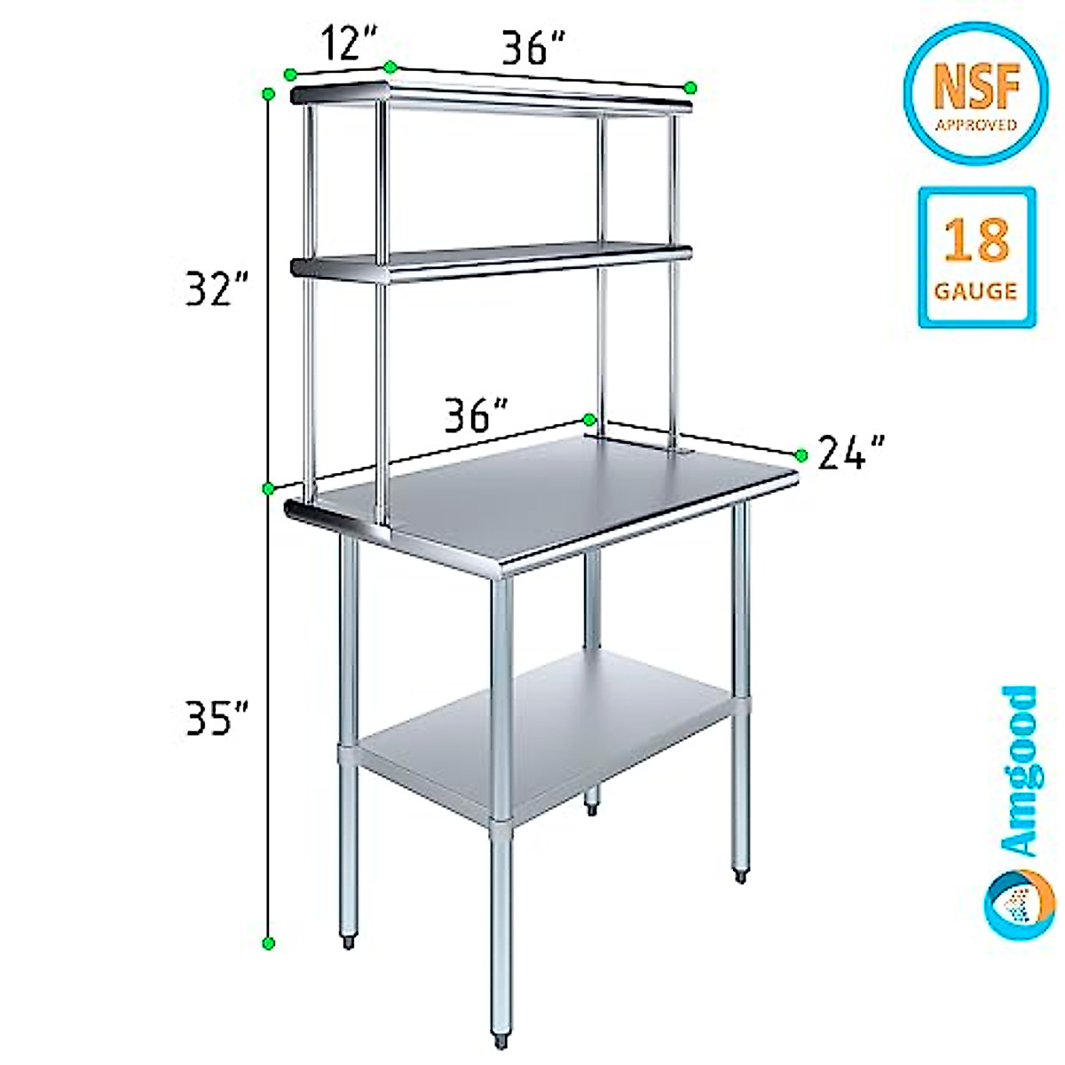Amgood Stainless Steel Work Table Double Tier Overshelf | Metal Kitchen Prep Table & Shelving Combo | NSF (24" x 36" Work Table + 12" Overshelf)