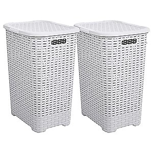 Superio Laundry Hamper with Lid 60 Liter Ivory (2 Pack) Plastic Wicker Large Hampers Basket with Cutout Handles, Deluxe Bin to Storage Dirty Cloths in Washroom Bathroom