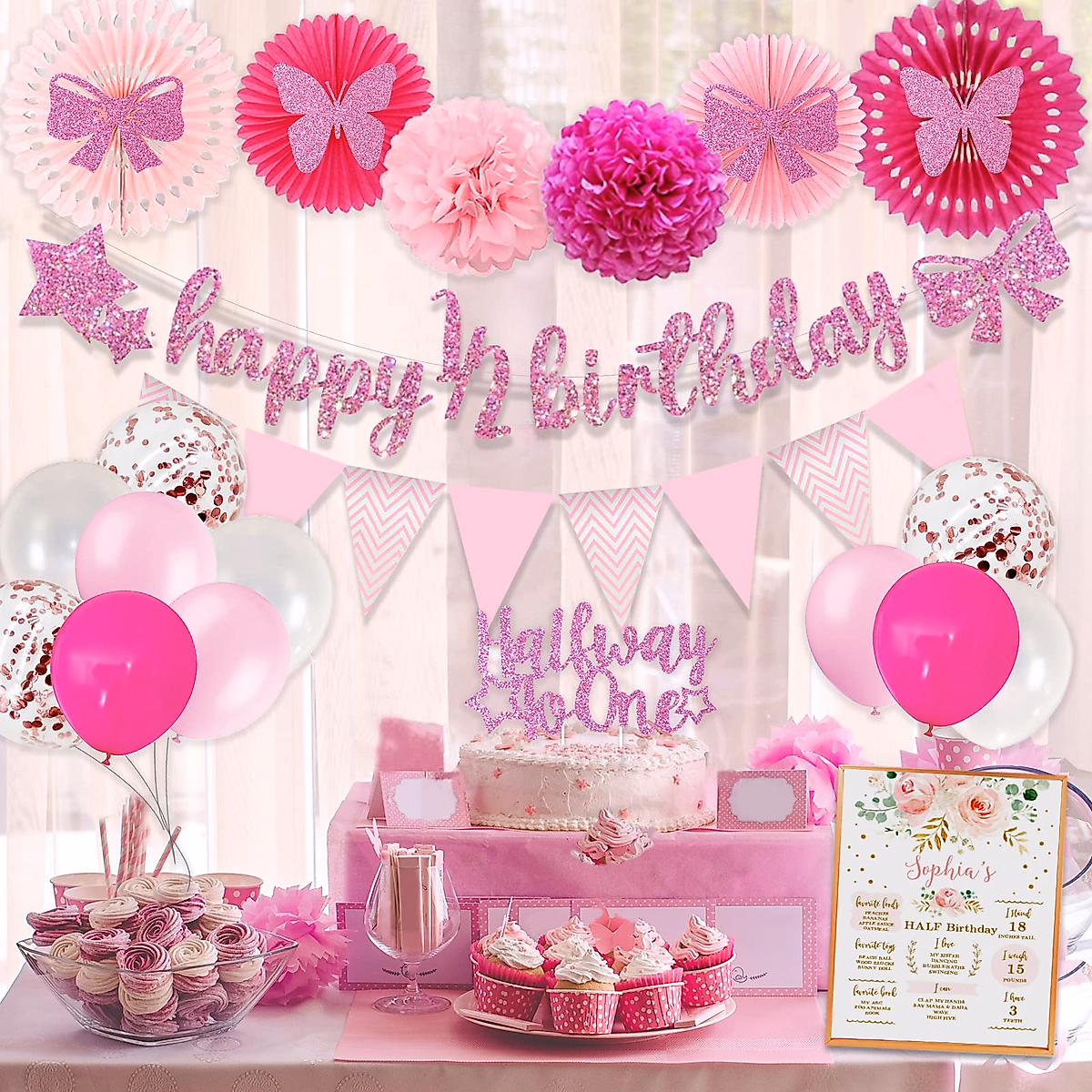 Half Birthday Decorations Baby Girl, Hombae 12 Birthday Decorations Supplies, 6 Months Birthday Decorations, Pink Rose Gold Glitter Half Birthday Banner with Triangle Flag Banner, 12 Birthday Hat