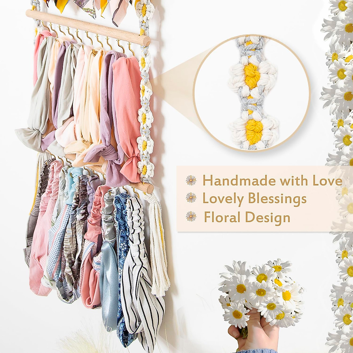 jontell Daisy Hair Bow Holder Bows Organizer For Wall Girls Hair Bows Hanger Necklace Display with 5 Functional Areas Baby Headband Hair Accessories Organizer