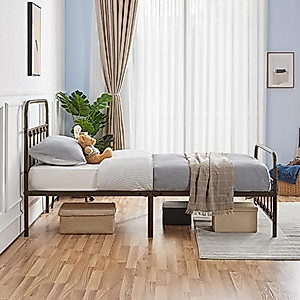 Topeakmart Twin XL Size Victorian Style Metal Bed Frame with Headboard/Mattress Foundation/No Box Spring Needed/Under Bed Storage/Strong Slat Support Bronze