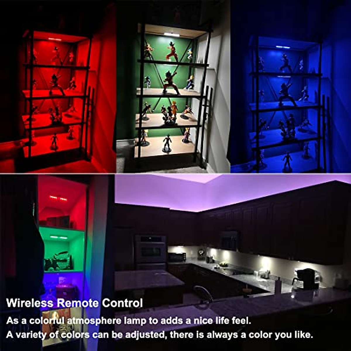 Under Cabinet Lighting Wireless, 48 LED 15 Colors Changeable Rechargeable RGB Under Cabinet Lights Remote Control Under Counter Lights Mini Night Light Bar for Indoor Display Shelf, 3 Pack