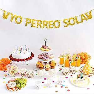 GROBRO7 YO Perreo Sola Banners Gold Glitter Banner Home Decoration Photo Booth Props 6.5ft Pre-Assembled Garland Party Favor for Music Themed Bachelorette Wedding Bridal Shower Engagement Decor