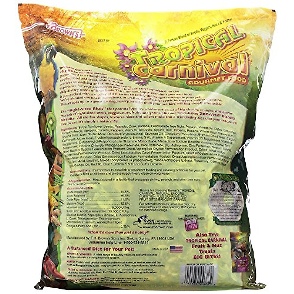 Tropical Carnival F.M. Brown's Gourmet Macaw Food Big Bites for Big Beaks, Vitamin-Nutrient Fortified Daily Diet with Probiotics for Digestive Health - 14lb