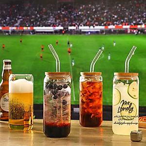 20 OZ Glass Cups with Bamboo Lids and Glass Straw - Beer Can Shaped Drinking Glasses Set, Iced Coffee Glasses, Cute Tumbler Cup for Smoothie, Boba Tea, Whiskey, Water, Gift - 2 Pack