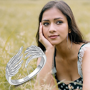 Hioed 925 Sterling Silver Feather Angel Wings Ring Adjustable Dainty Wrap Open Rings for Women