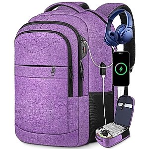 Lapsouno Extra Large Travel Backpack, Travel Laptop Backpack, Multiple Pockets 17.3 Inch Carry on Backpack with USB Port, TSA Friendly Water Resistant Business Travel Bag for Women, Purple