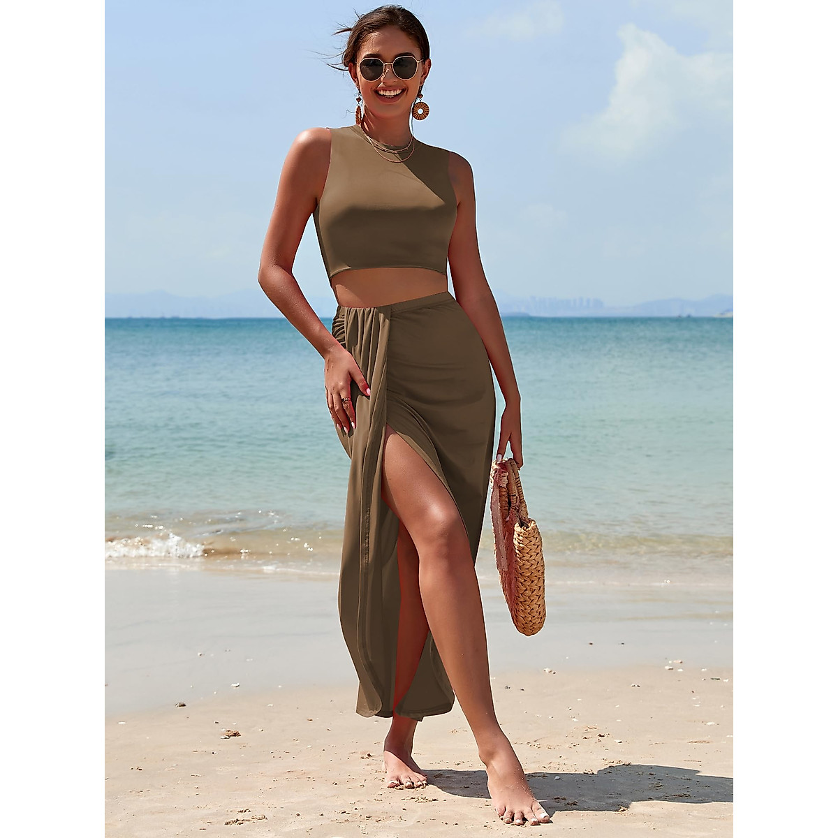 ZAFUL Women's Casual Sleeveless Summer Two Piece Outfits Solid Crop Top and Draped Ruched Maxi Skirt Set Solid Suiting (B-Brown, L)