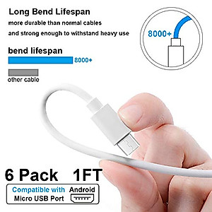 CLZWiiN Short Micro USB Cable (6 Pack 1FT White), Android Phone Charger Cord, High Speed Charging and Sync Data Cables for Charging Station, Smartphone, Power Bank and More