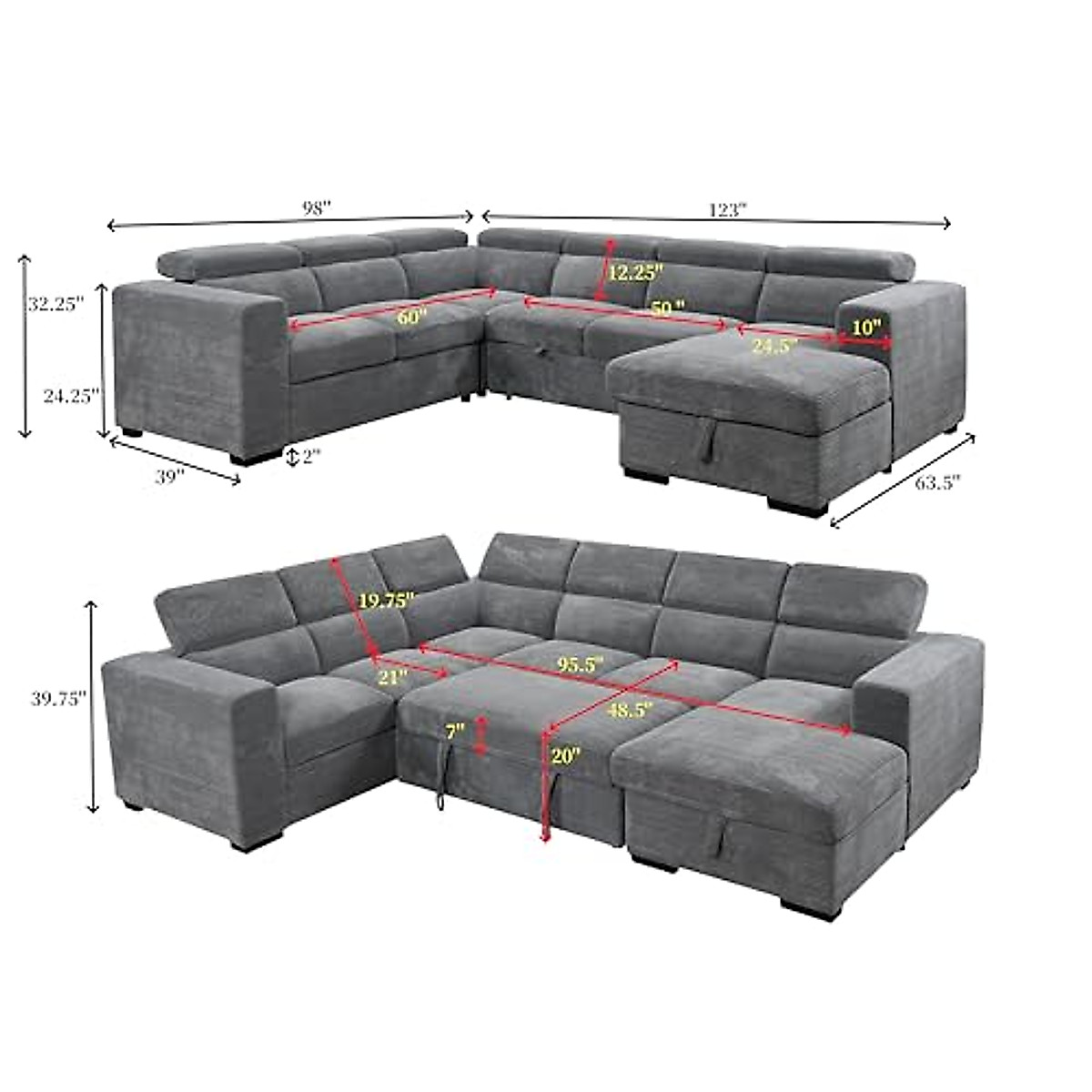 THSUPER Corduroy 123" Oversized U Shape Sectional Sleeper Sofa with Pull Out Bed, 7-Seats Sleeper Sectional Sofa with Storage Chaise and Adjustable Headrest for Living Room - Dark Grey