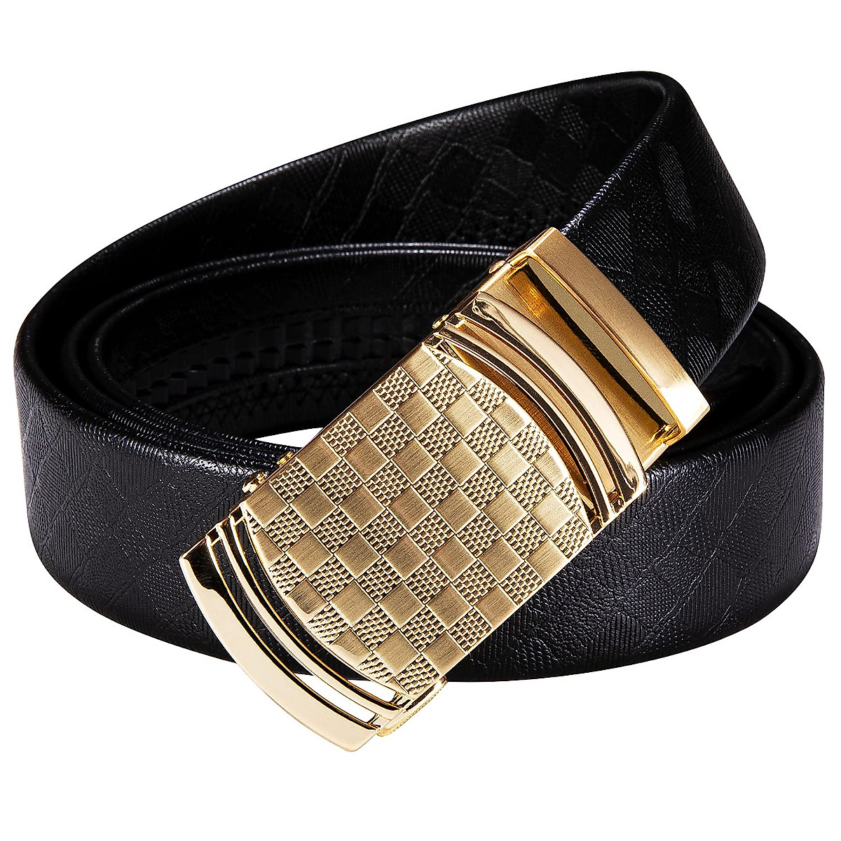 Dubulle Men's Ratchet Belt Fashion Gold Plaid Design Automatic Slid Buckle Black Ratchet Belt Trim to Fit Business Casual Belt with Exquisite Box