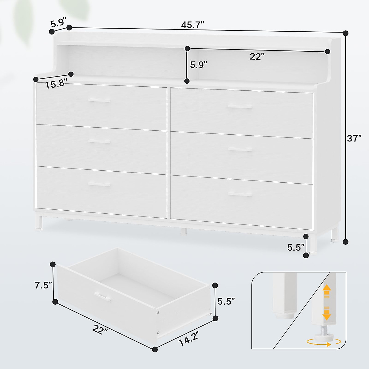 DICTAC White Dresser for Bedroom, 6 Drawers Double Dresser with Shelves, Wood Chest of Drawers, Large Capacity Storage Organizer Dresser for Bedroom, Living Room, Hallway
