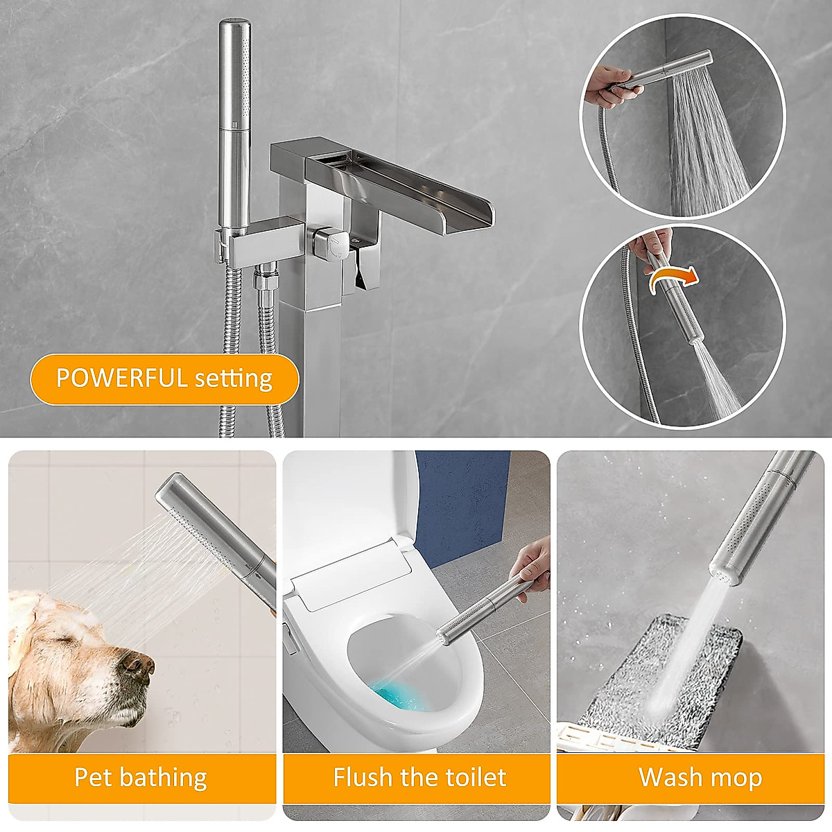 BESy Freestanding Bathtub Faucet Waterfall Tub Filler Brushed Nickel Floor Mount Brass Single Handle Bathroom Tub Faucets with 2 Function Hand Shower Wand