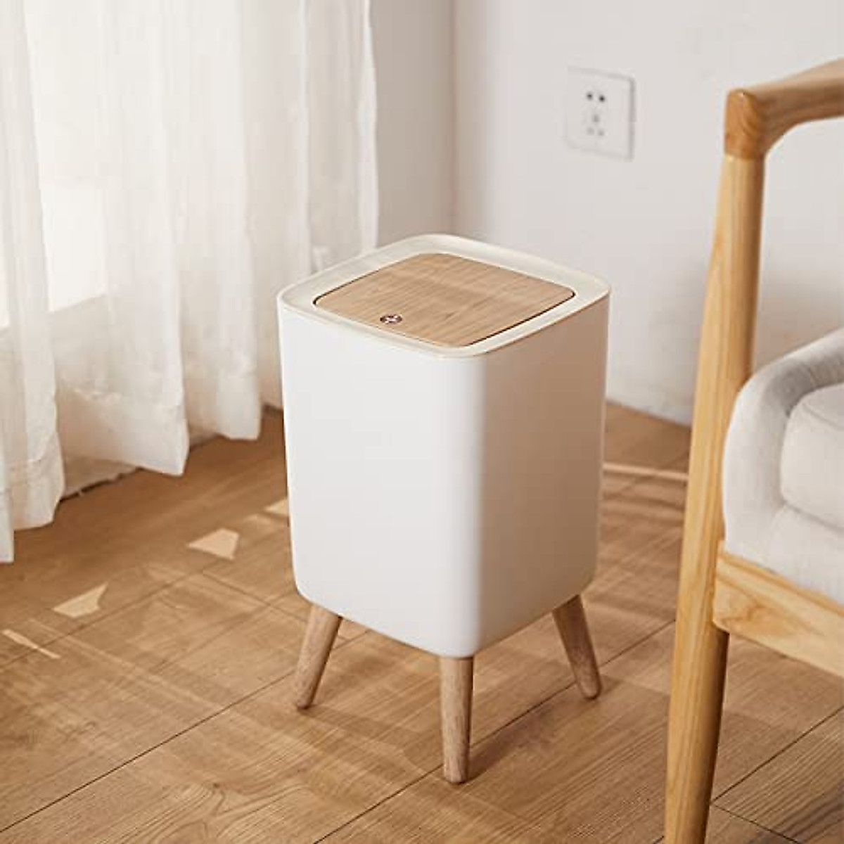 Nordic Style Trash Can,Push Top Garbage Bin with Lid,White Top Spring Waste Basket,Dog Proof Trash can，Plastic Trash Bin Suitable for Kitchen,Bathroom,Bedroom,Living Room,Office,Outdoor