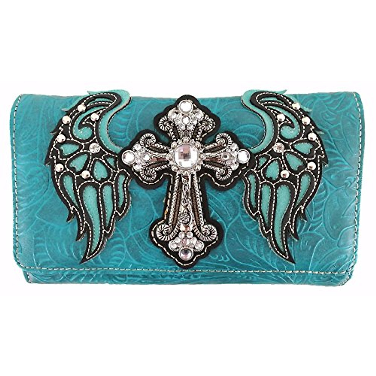 Western Rhinestone Cross Laser Cut Wings Tote Concealed Carry Purse Handbag Women Shoulder Bag Wallet Set (Turquoise Set)
