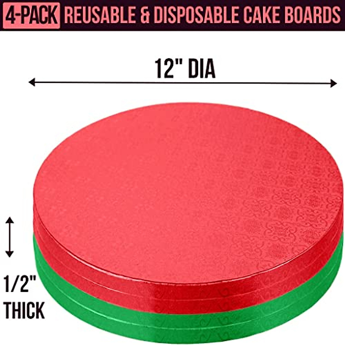 12 Inch Cake Boards - 4Pack Cake Drums 12 Inch Dia - Disposable Cake Board Circles - Reusable Round Cake Boards - Cake Base Cardboard Cake Rounds - Cake Decorating Supplies & Baking Supplies