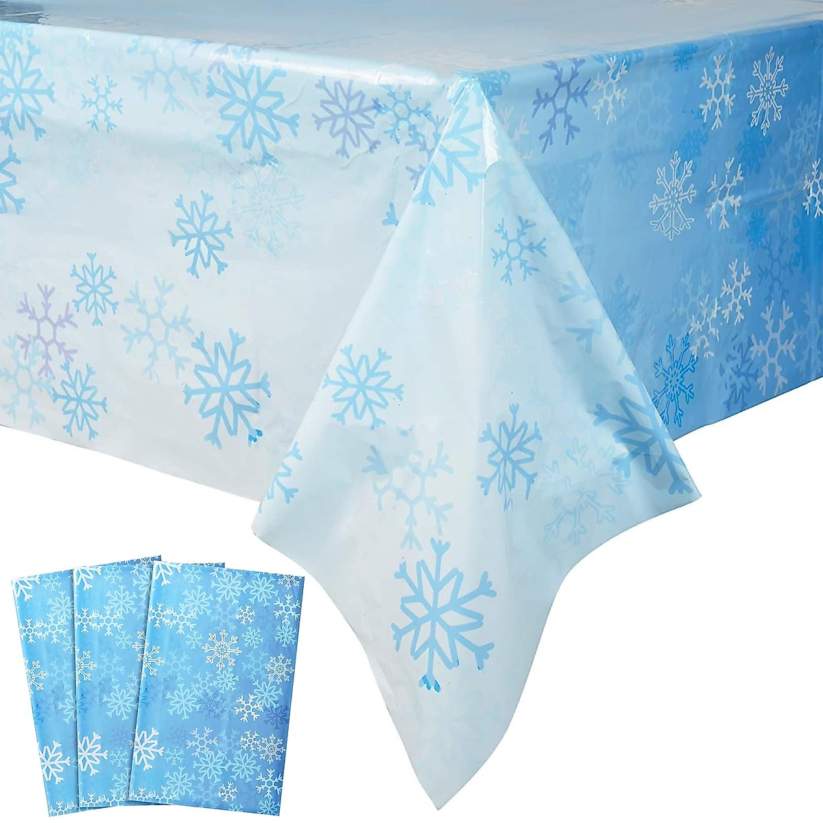 BLUE PANDA 3 Pack Blue Snowflake Plastic Tablecloths for Christmas Party Supplies, 54 x 108 inch Rectangular Xmas Winter Holiday Snowy Table Covers, Fun Festive Christmas Party Decorations
