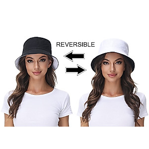 Women Reversible Bucket Hat, Summer Sun Hat for Women, Black- White
