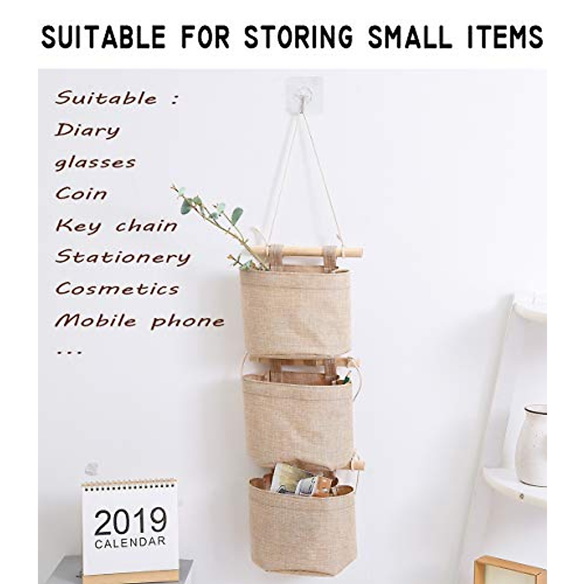 AARAINBOW 1 Pack Mini Cotton Linen Fabric Closet Detachable Foldable Washable Hanging Storage Bag with 3 Pockets Over The Wall Door Organizer for Room Bathroom (Khaki)