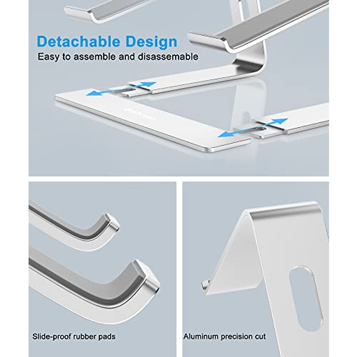 BoYata Laptop Stand, Aluminum Ergonomic Laptop Riser Computer Stand for Desk, Detachable Laptop Holder Compatible for All 10-15.6" MacBook Air Pro, Dell XPS, HP, Lenovo, Samsung-Silver