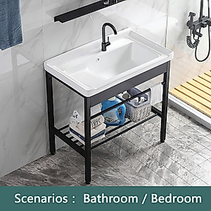 Freestanding Sink, 28.3" × 19" × 32.3" Ceramic Utility Sink with Washboard Set with Bracket and Drain Kit for Laundry Room, Garage, Basement, Outdoor and Indoor