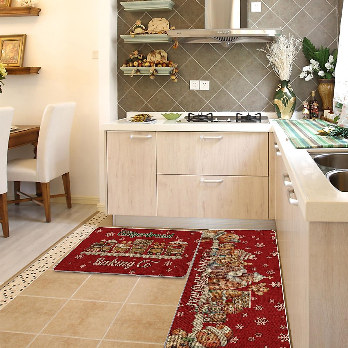 GAGEC Christmas Kitchen Rug Gingerbread Family Red Kitchen Mat Set of 2 Merry Christmas Winter Farmhouse Party Floor Mat for Home Kitchen Bathroom Decorations - 17x27 and 17x47 Inch