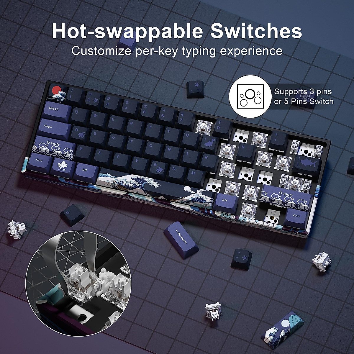 HITIME XVX 60% Gaming Keyboard, RGB Wireless Mechanical Keyboard, Mini 60 Percent Gamer Keyboard with Hot-Swappable Pre-lubed Linear Switch for Windows & Mac (Great Wave Off Kanagawa)