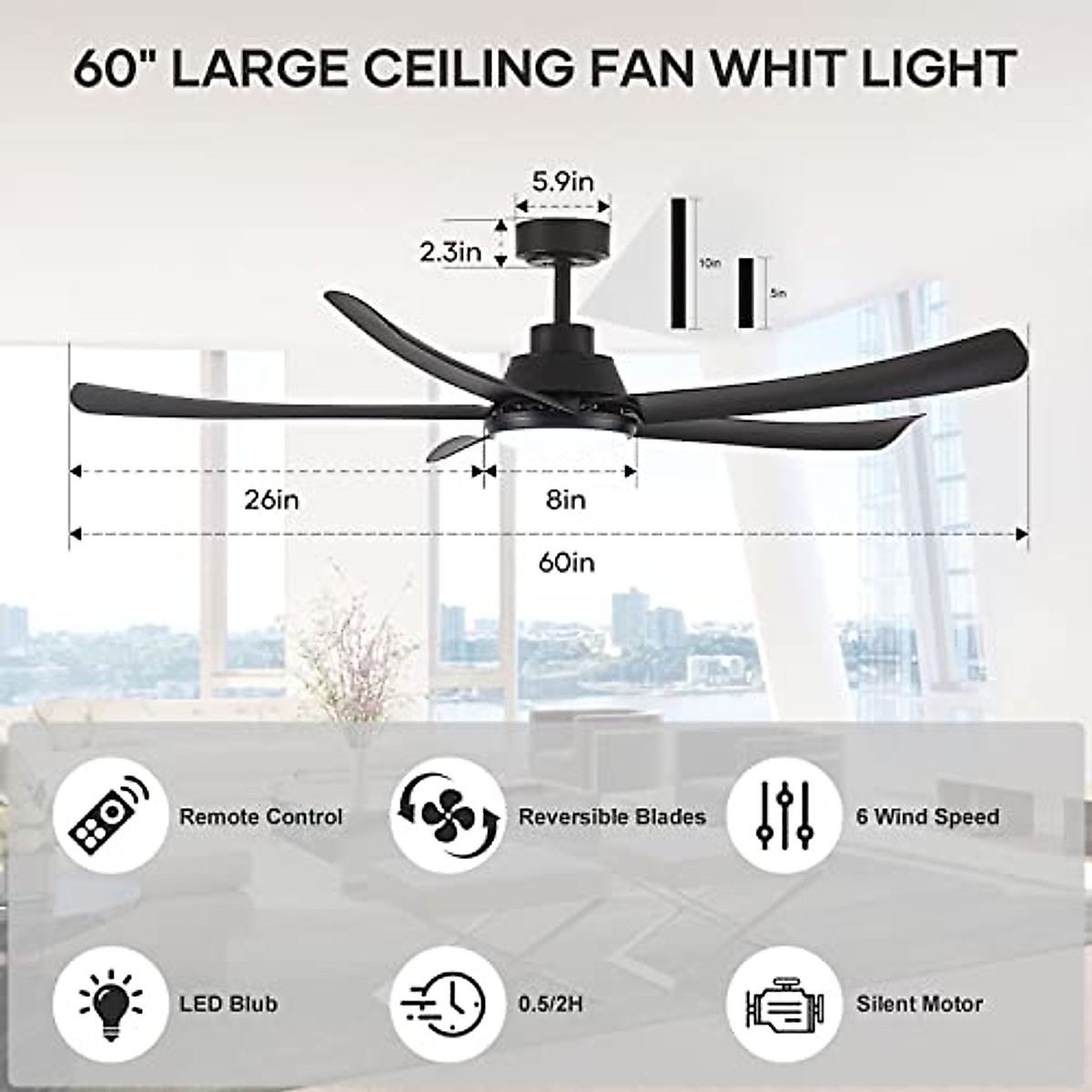 NWIASS Modern Farmhouse Ceiling Fans with Lights, 60" Black Outdoor Ceiling Fans for Patios, Low Profile Flush Mount Ceiling Fan with 5 Blades DC Motor for Indoor Bedroom Garage (60" Black-B)