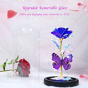Valentines Rose Gifts for Her Birthday Flower Gift for Women, Galaxy Purple Butterfly Rose in Glass Dome, Light Up Forever Rose Birthday Gifts for Mom Anniversary Valentine's Day Eternal Rose Gift